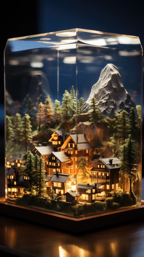 A Miniature Model of a Mountain Village in a Glass Case Stock ...