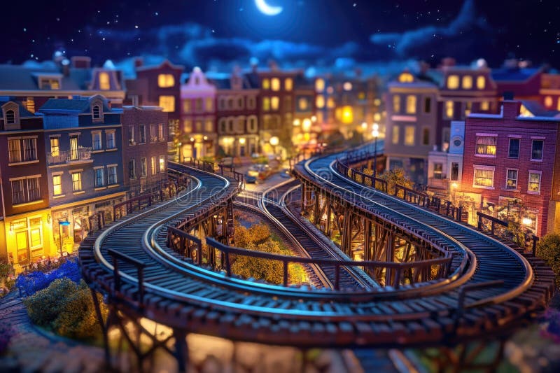 Miniature Model Railway at Night with Illuminated Cityscape and Curved ...