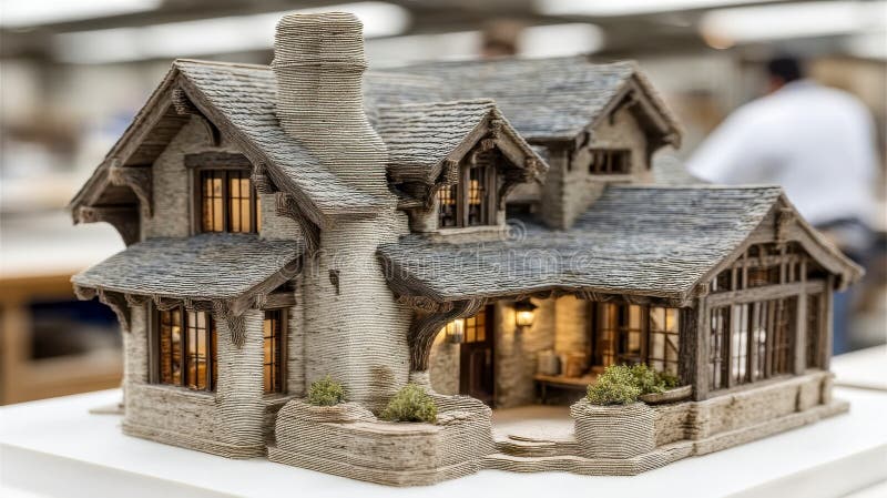 Miniature Model of a Rustic 3D-printed House with Lit Windows and ...