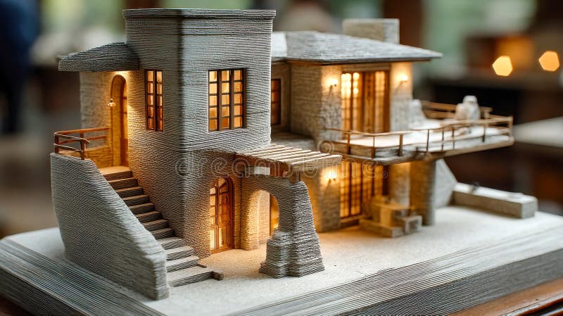 Miniature Model of a Rustic 3D-printed House with Lit Windows and ...