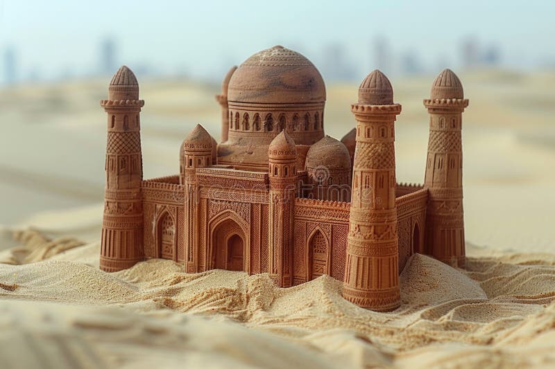 Intricate Sandcastle Mosque Model in Desert Setting Stock Illustration ...