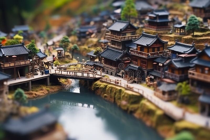 A Miniature Model of a Town with a Bridge Over a River. Generative AI ...