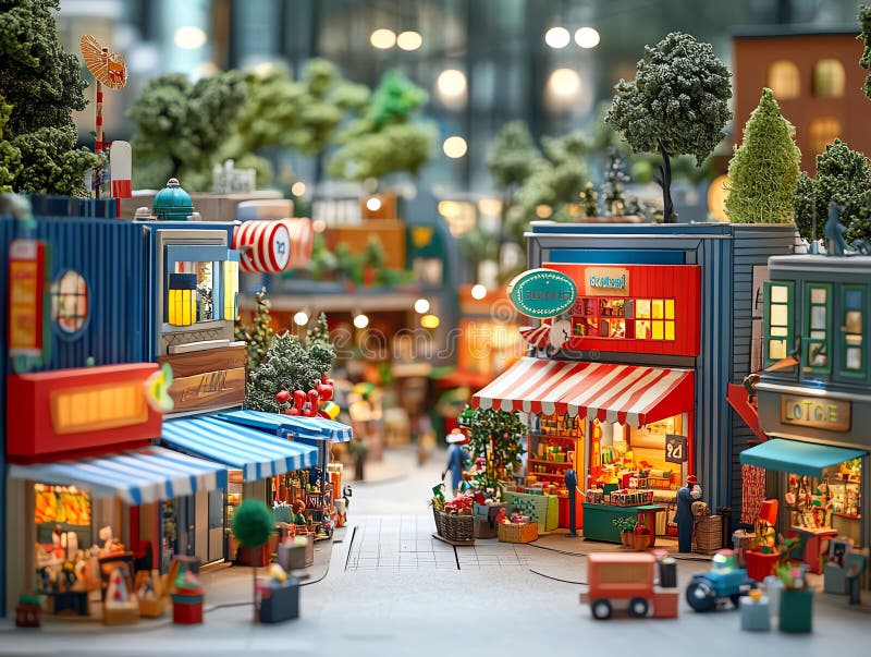 A Miniature Model of a Town Square with Shops and Buildings, Trees, and ...