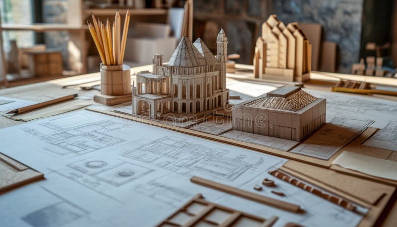 Model Architectural Designs Displayed on a Workspace with Detailed ...