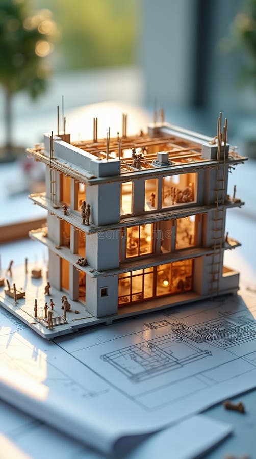 Miniature Modern Building Model on Architectural Plans Stock ...