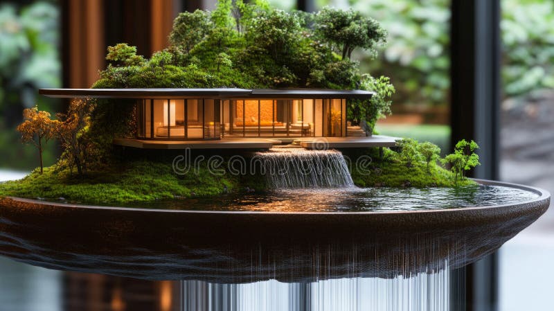 Miniature Modern House Model on Island Waterfall Stock Illustration ...