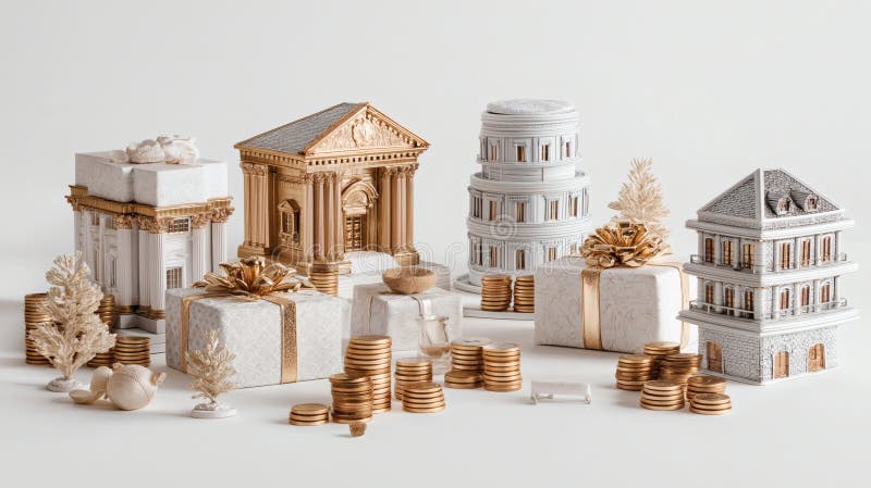 Miniature Monuments and Coins with Gift Boxes Stock Illustration ...