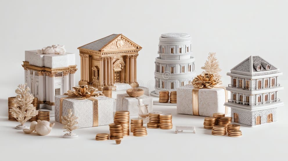 Miniature Monuments and Coins with Gift Boxes Stock Illustration ...