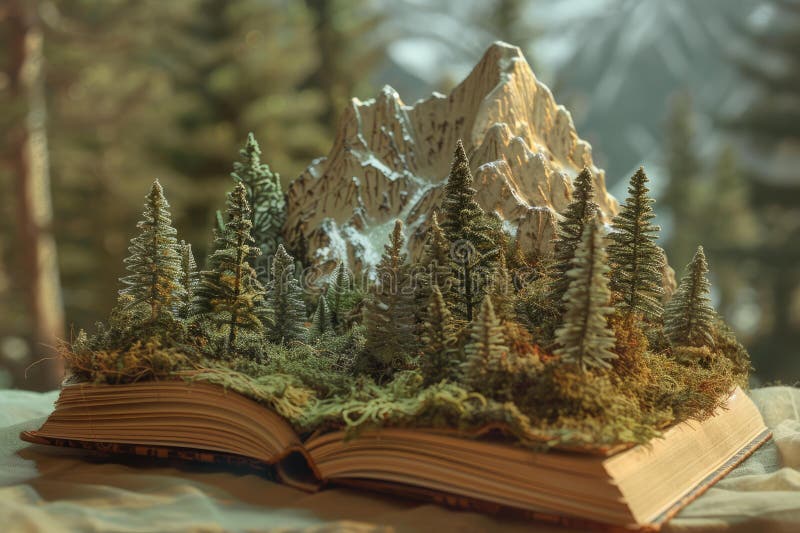 Miniature Mountain Range Growing from Open Book Symbolizing Nature ...