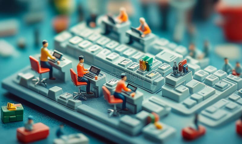 Miniature Office Workers Typing on a Giant Keyboard, Using the Keys As ...