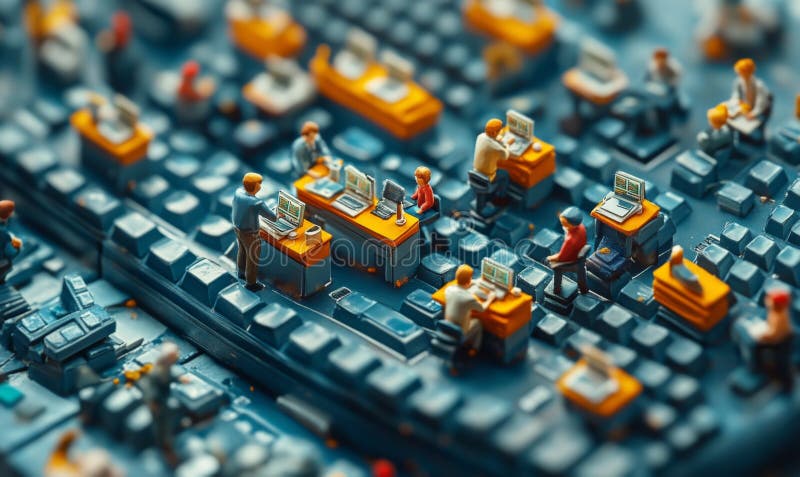 Miniature Office Workers Typing on a Giant Keyboard, Using the Keys As ...