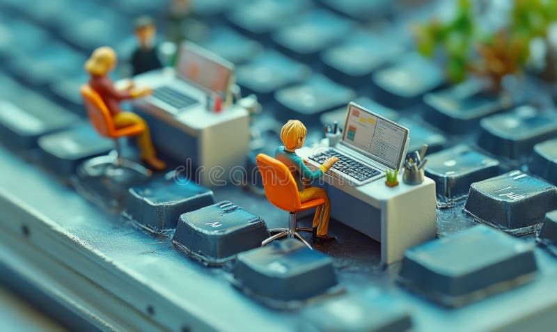 Miniature Office Workers Typing on a Giant Keyboard, Using the Keys As ...