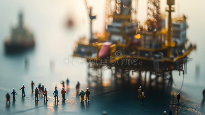 Miniature Oil Rig with Workers in Surreal Setting Stock Illustration ...
