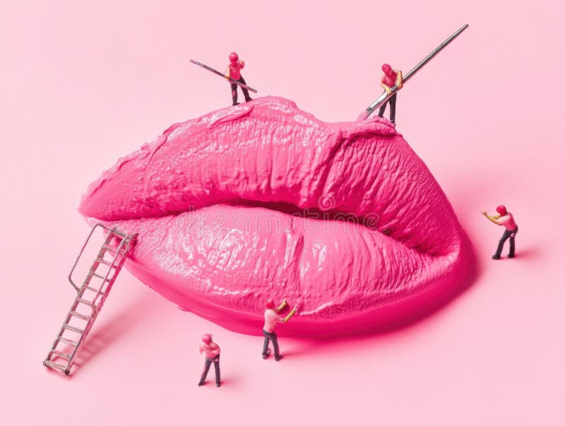 Miniature Painters Creating Art on Giant Pink Lips. Surreal Creative ...