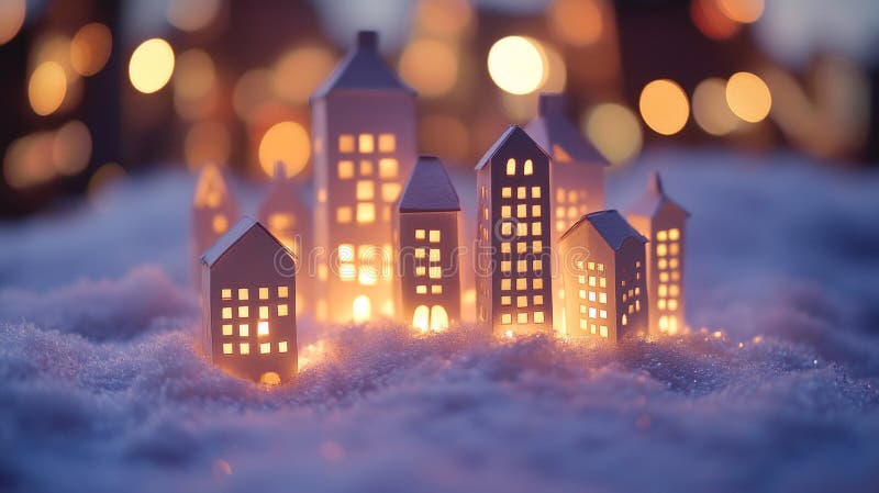 Miniature Paper City in Sparkling Snow at Night Stock Illustration ...