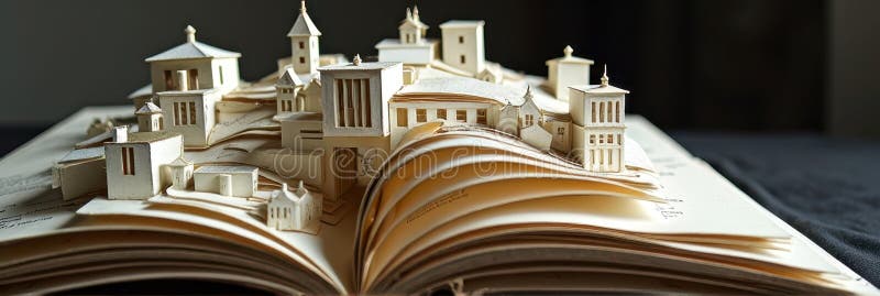 Miniature Paper Cityscape Emerging from Open Book in Dim Lighting Stock ...