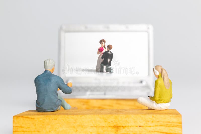Miniature People Bride and Groom Virtual Wedding on Computer Screen ...
