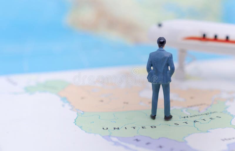 Miniature People, Businessman Standing on Map American Stock Image ...