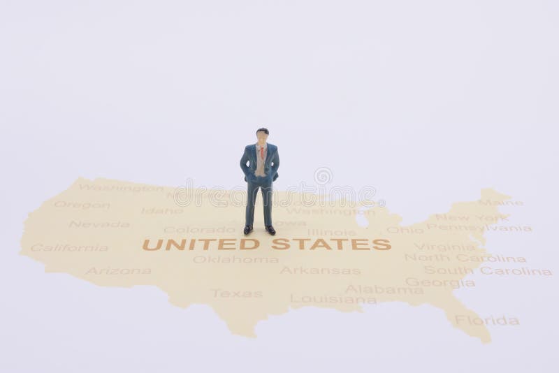 Miniature People, Businessman Standing on Map American Stock Image ...