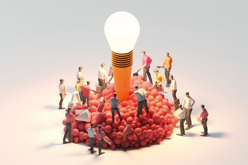 Miniature People Cartoon with Light Big Bulb. 3d Illustration Stock ...