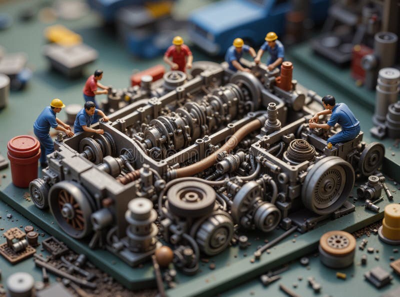 Miniature People Collaborate To Construct and Engine Repair a Large ...