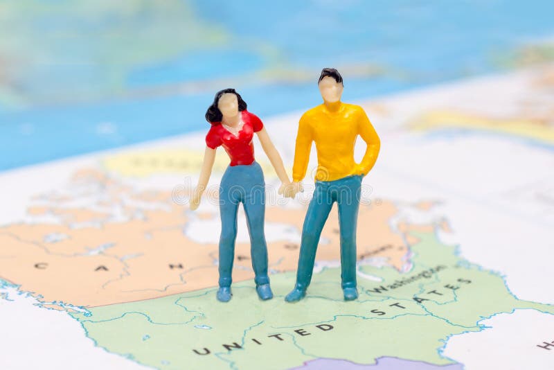 Miniature People, Couple Standing on Map American Stock Photo - Image ...