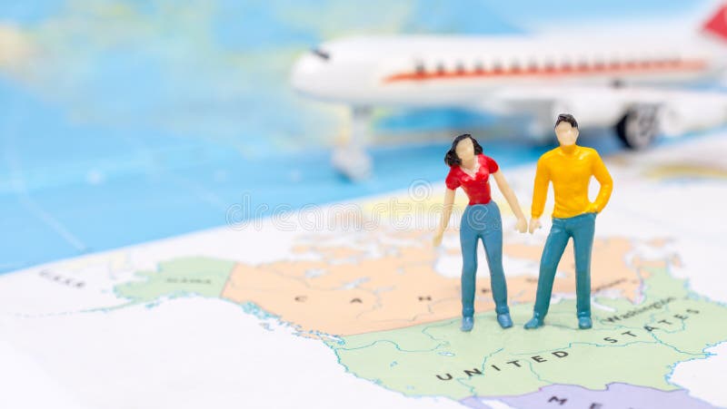 Miniature People, Couple Standing on Map American Stock Image - Image ...