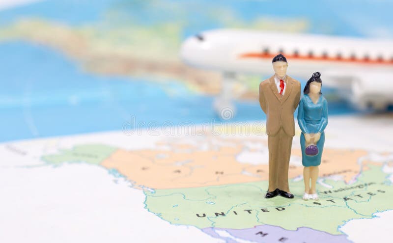 Miniature People, Couple Standing on Map American Stock Image - Image ...
