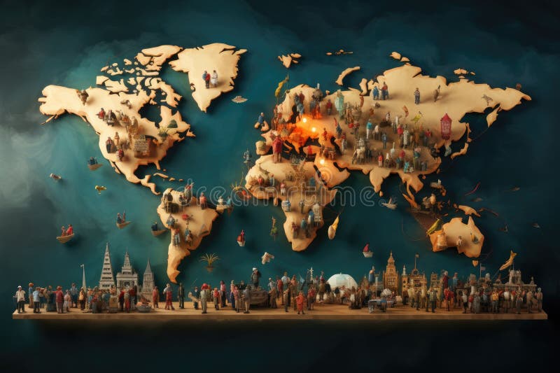 Miniature People in Front of a World Map. 3D Rendering, Crowd of ...