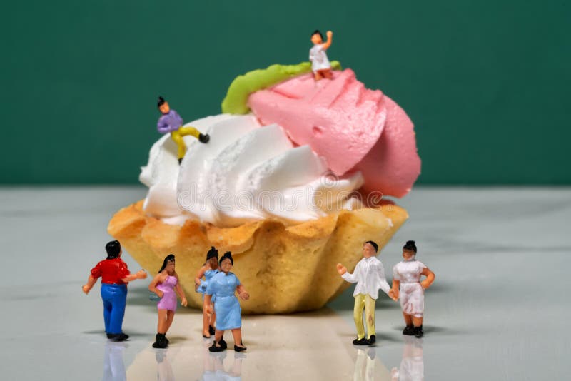 Miniature People Look at the Cake Stock Photo - Image of breakfast ...