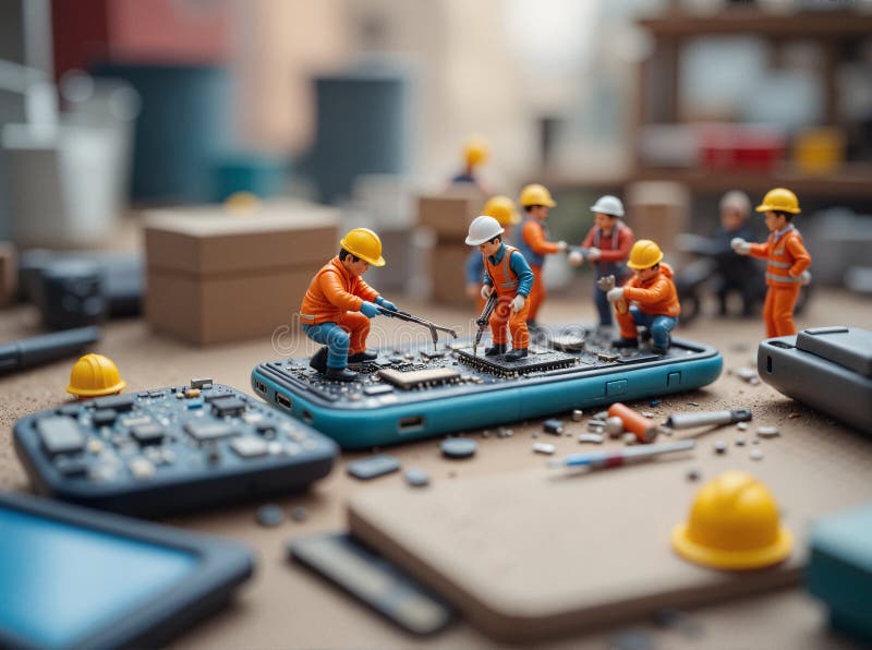 Miniature People in a Microworld Setting Work on Smartphone Electronics ...