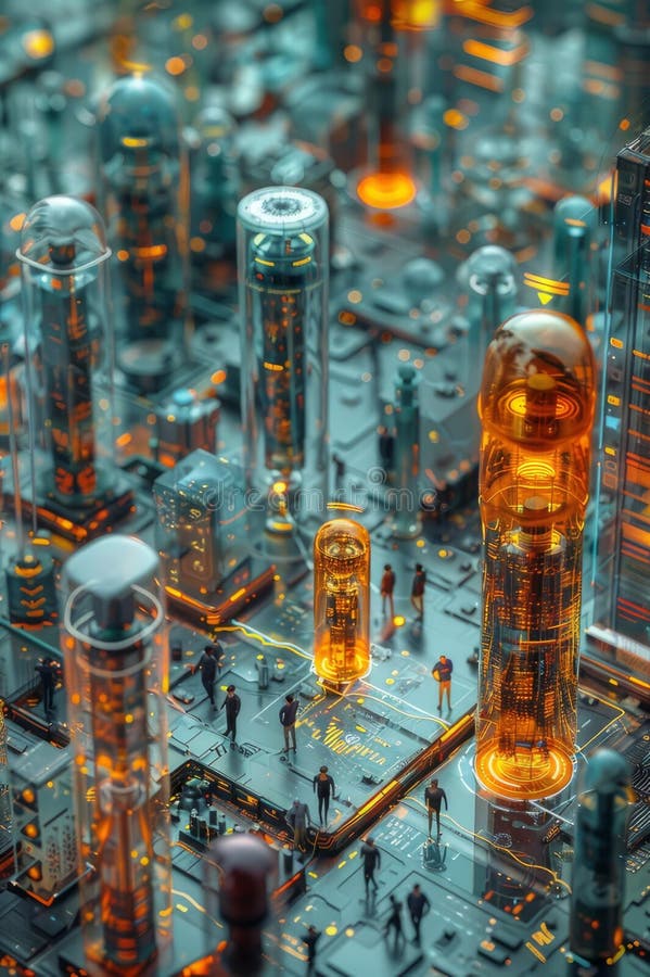 Miniature People Navigating a Futuristic Cityscape with Glowing Orange ...