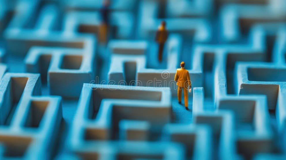Miniature People Navigating Intricate Blue Maze Structure Stock ...