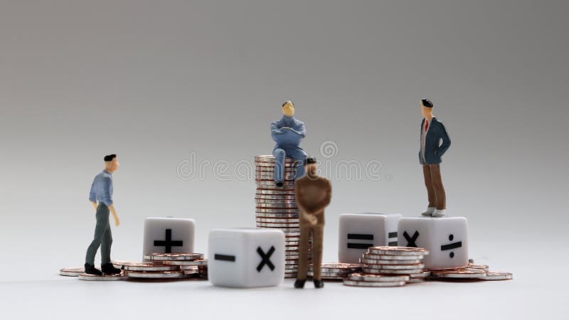 Miniature People. the Pile of Coins with Arithmetic Operation Symbol ...