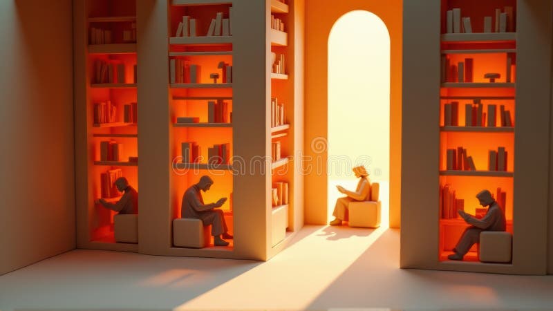 Miniature People Reading in a Book-Lined Corridor Stock Illustration ...