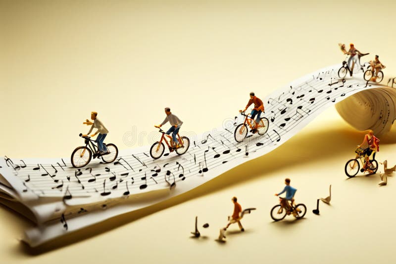 Miniature People Ride Bicycles on Music Note Stock Image - Image of ...