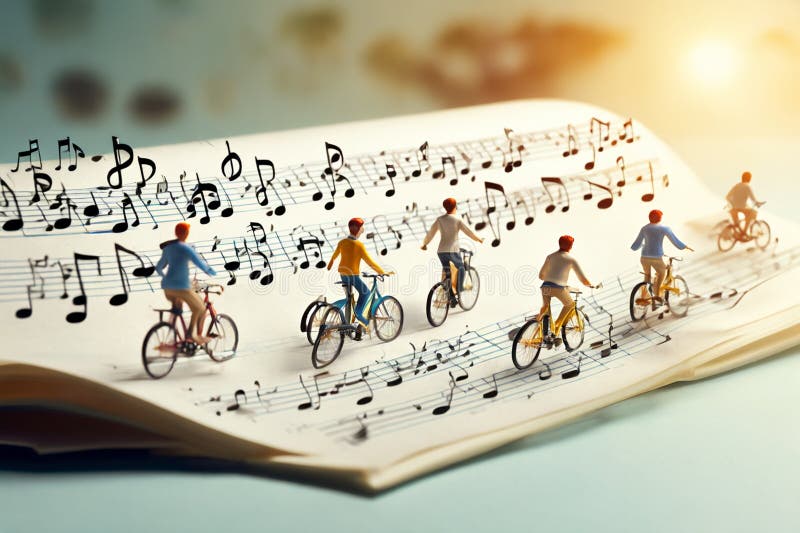 Miniature People Ride Bicycles on Music Note Stock Image - Image of ...