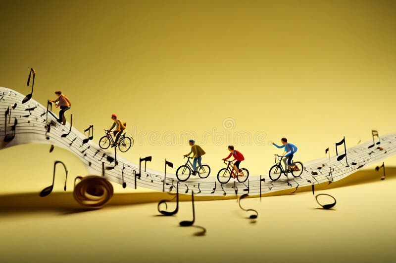 Miniature People Ride Bicycles on Music Note Stock Photo - Image of ...