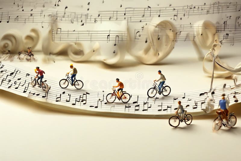 Miniature People Ride Bicycles on Music Note Stock Illustration ...