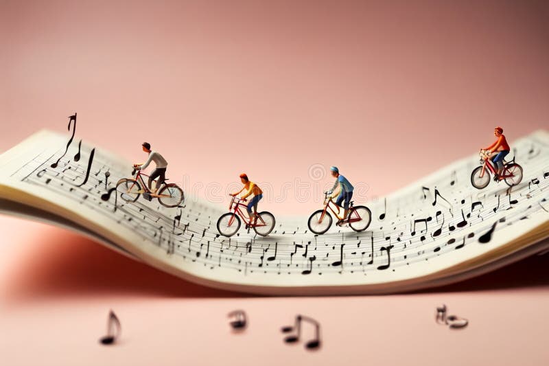 Miniature People Ride Bicycles on Music Note Stock Illustration ...