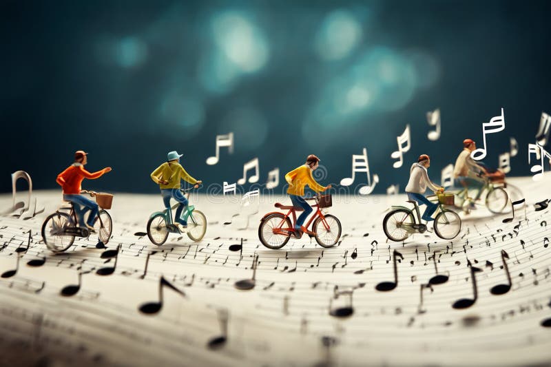 Miniature People Ride Bicycles on Music Note Stock Illustration ...