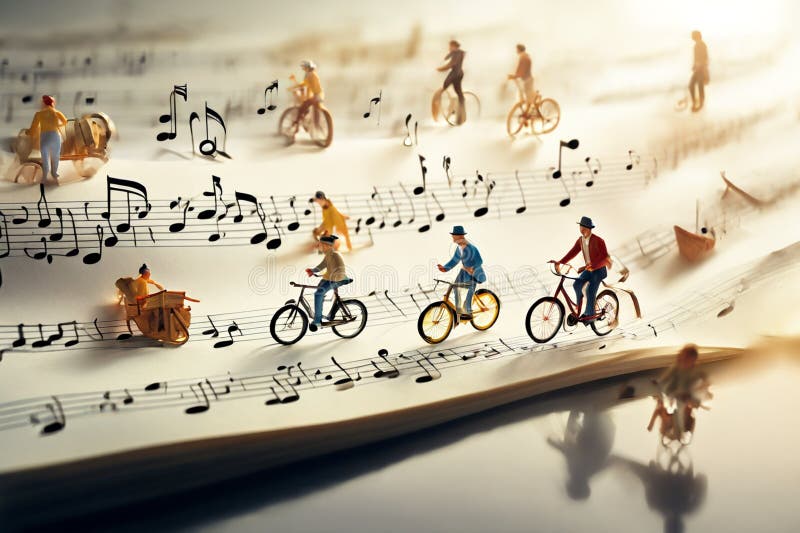 Miniature People Ride Bicycles on Music Note Stock Illustration ...