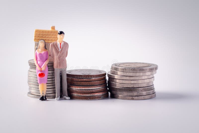 Miniature People Standing Coins Stacks House Model Top Stack Stock ...