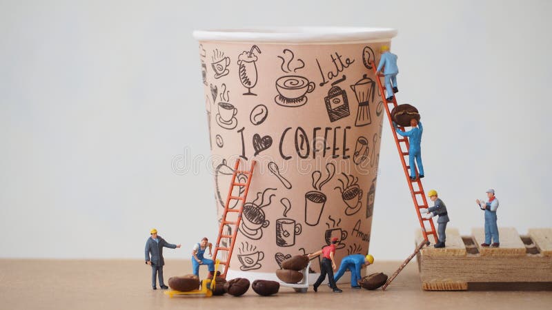 Miniature of People on the Table. Coffee Shop and Coffee Maker ...