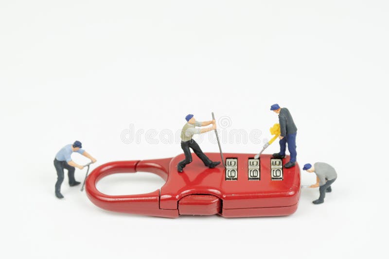 Miniature People Try To Unlock Key Stock Photo - Image of open, theft ...