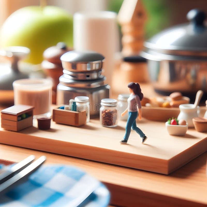 Miniature people walking stock illustration. Illustration of meal ...
