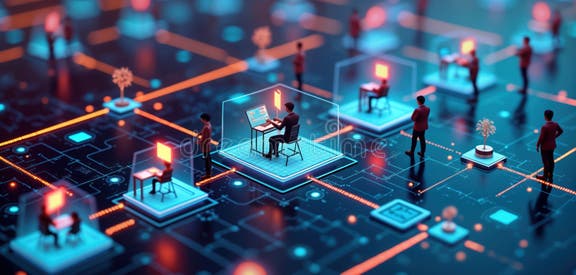 Miniature People Work Collaboratively on Modern Tech. Use Computers ...