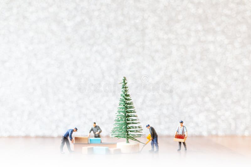 Miniature People : Worker Team Prepare Christmas Tree Stock Image ...