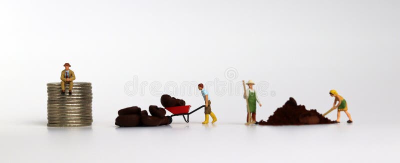 Miniature People Working with Coins and Coffee. Stock Photo - Image of ...