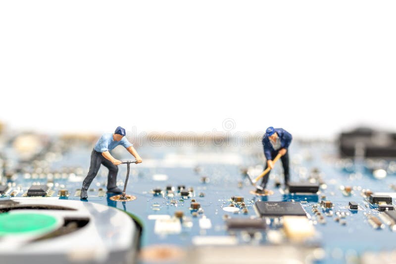 Miniature People Working on Cpu Board Stock Photo - Image of worker ...